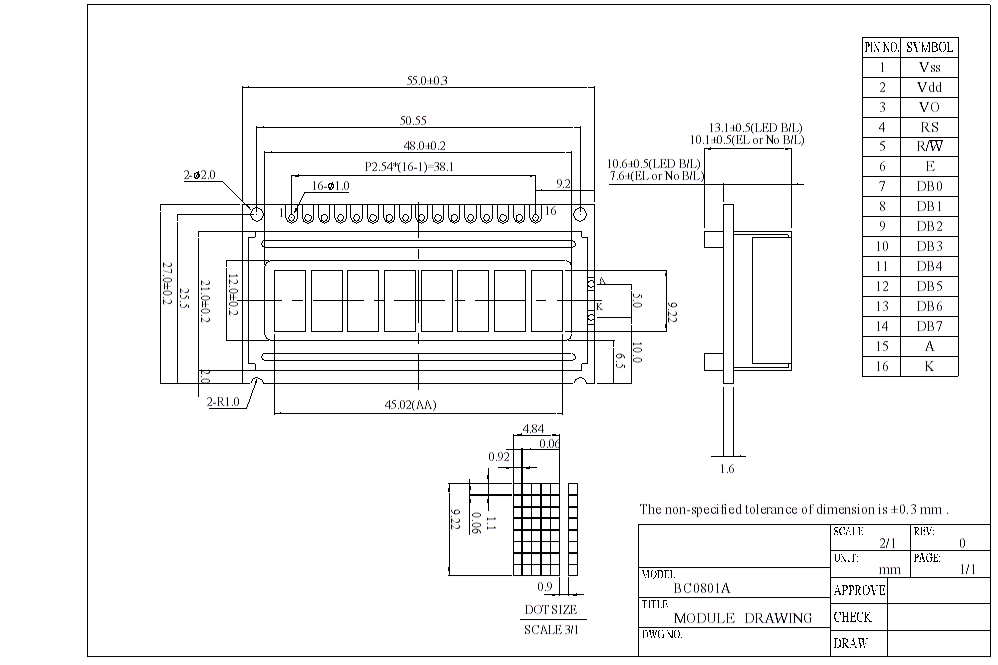 8x1 Character LCD display,BC0801A